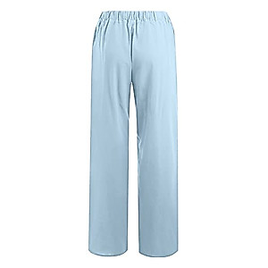 Capri Pants for Women Casual 2023 Summer Drawstring Elastic High Waist Linen Pant Straight Wide Leg Cropped Trouser high Waisted Wide Leg Pants Sky Blue XL