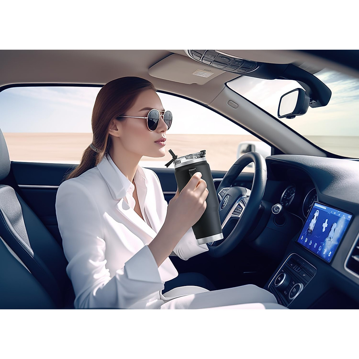 Meoky 32 oz Tumbler with Handle, Insulated Tumbler with Lid and Straw, Stainless Steel Travel Mug, Keeps Cold for 24 Hours, 100% Leak Proof, Fits in Car Cup Holder (Night)