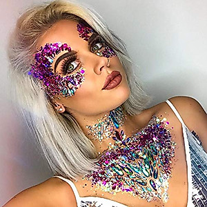 Unicorn Iridescent Holographic Chunky Glitter Cosmetic Body Hair Face Eye Nail for Festival Carnival Concert Party Beauty Rave Accessories Different Shapes 2 Pots 14g/0.5oz+ Quick Dry Primer Glue Gel