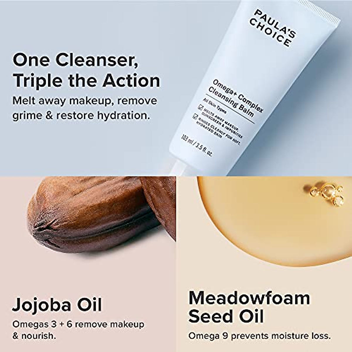 Paula's Choice Omega Complex Cleansing Balm, Double Cleanse Face Wash & Daily Makeup Remover, Suitable for Dry & Sensitive Skin, Mineral Oil-Free, Paraben-Free & Fragrance-Free, 3.5 Fl Oz