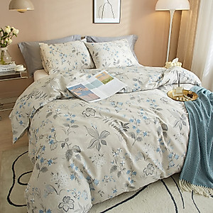 ENJOYBRIDAL Floral Botanical Duvet Cover Queen 100% Cotton Soft Bedding Set Queen Garden Style Grey Leaves and Blue Flowers 3 Pieces Vintage Aesthetic Lightweight Duvet Cover Set, No Comforter