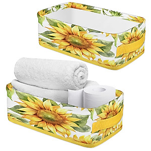 Ioracida Yellow Sunflower Toilet Paper Basket Toilet Tank Fabric Storage Basket with Handles, Summer Floral Small Decor Baskets for Organizing Bathroom Toilet Tank Top