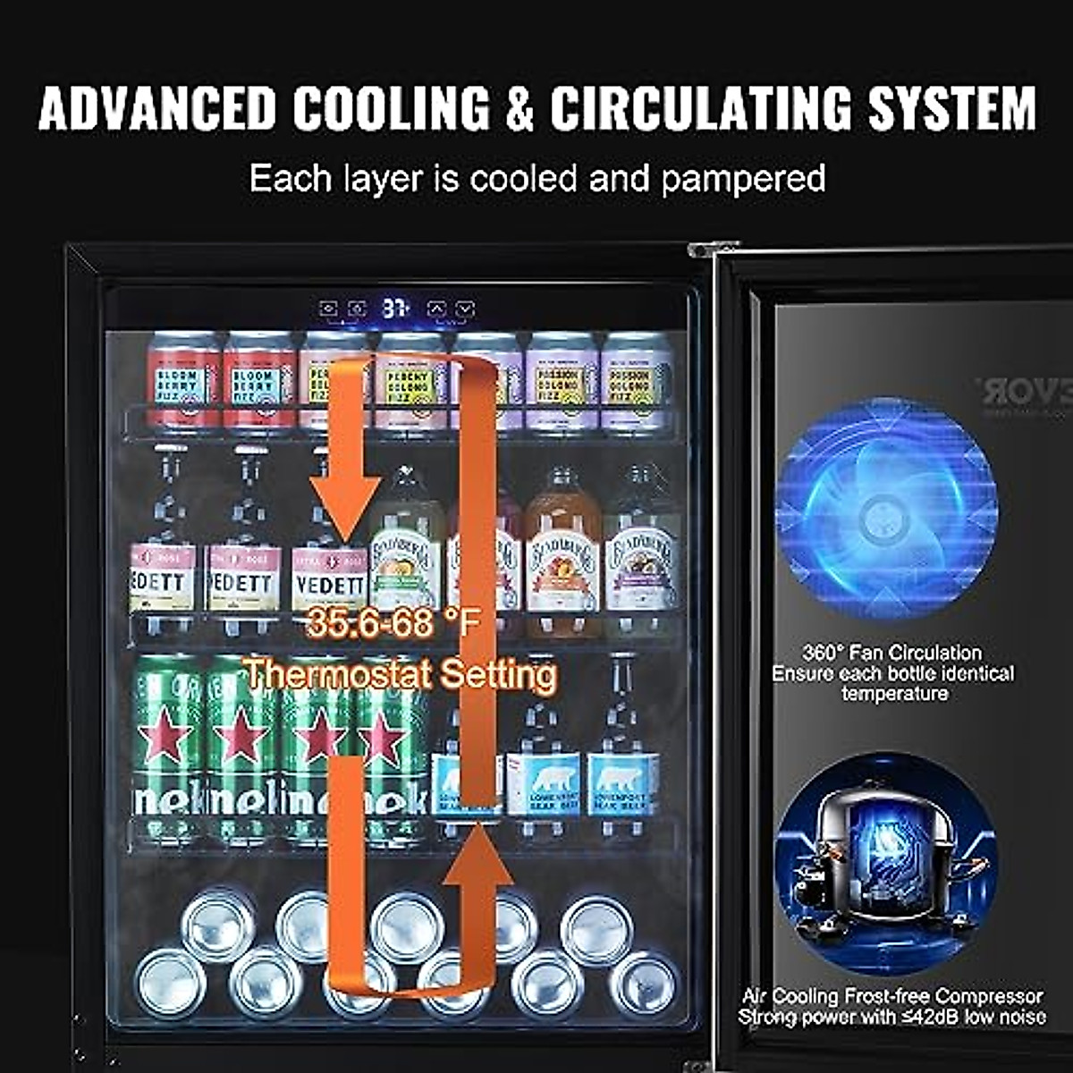 VEVOR Cooler 154 Cans Capacity Refrigerator Under Counter Built-in or Freestanding Beverage Fridge with Blue LED Light, Tempered Glass Door, Child Lock for Drink Soda Wine, Silver