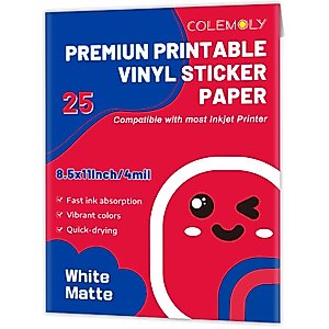 Colemoly Sticker Paper Printable Vinyl for Inkjet Printer 25 Sheets Matte White Waterproof Decals Adhesive Quick Drying Tear resistance Non-residue Label Vivid Color 8.5x11 In for Craft,Scrapbooking