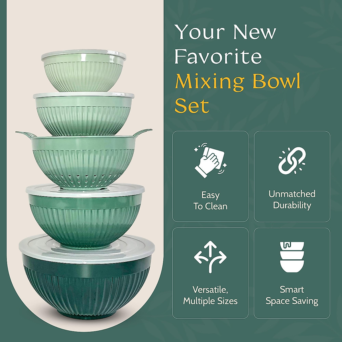 Phantom Chef 5-Piece Nested Melamine Mixing Bowl Set with Lids - 7 to 11 inches