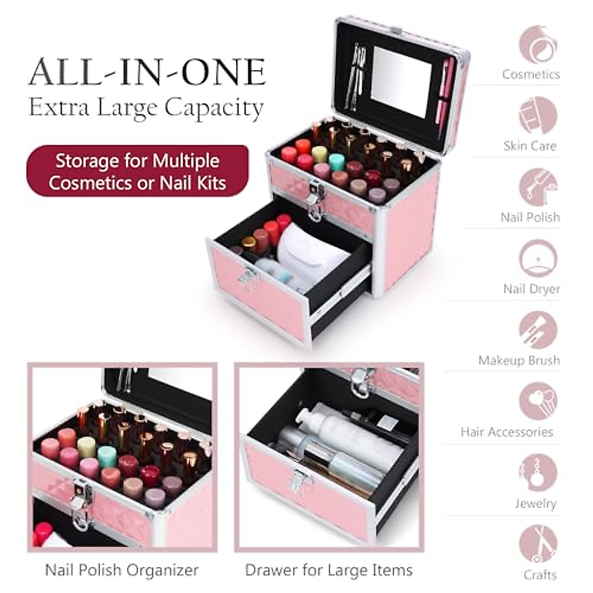 Frenessa Makeup Box Makeup Train Case Cosmetic Storage Organzier Nail Polish Box for Makeup Artist, Nail Tech Student, Craft Cosmetology Case with Mirror Drawer and Dividers Manicure Organizer Travel