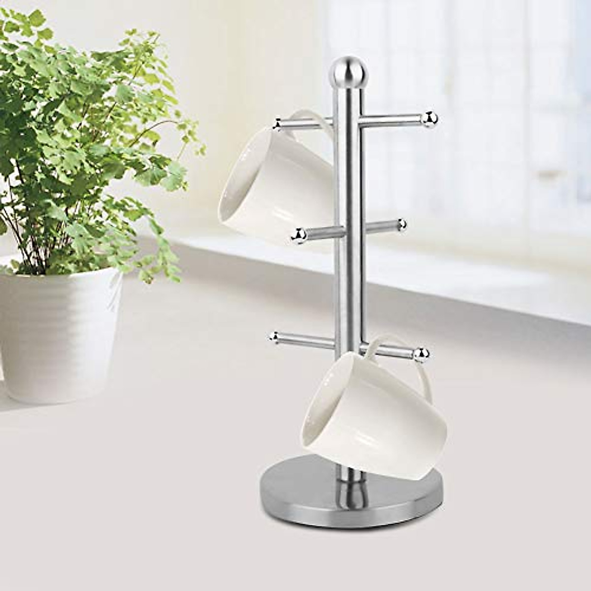 Zerodis Cup Storage Tree, Stainless Steel Cup Holder Stand with Thickened 3 Branches Metal Coffee Cup Storage Rack for Kitchen Countertop 5.9x5.9x14inch