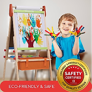 MEEDEN Easel for Kids, Double-Sided All-in-one Wooden Art Easel, Kids Art Easel Set with Paper Rolls, Magnetic Easel with Whiteboard & Chalkboard, Finger Paints, Accessories Easel for Toddlers