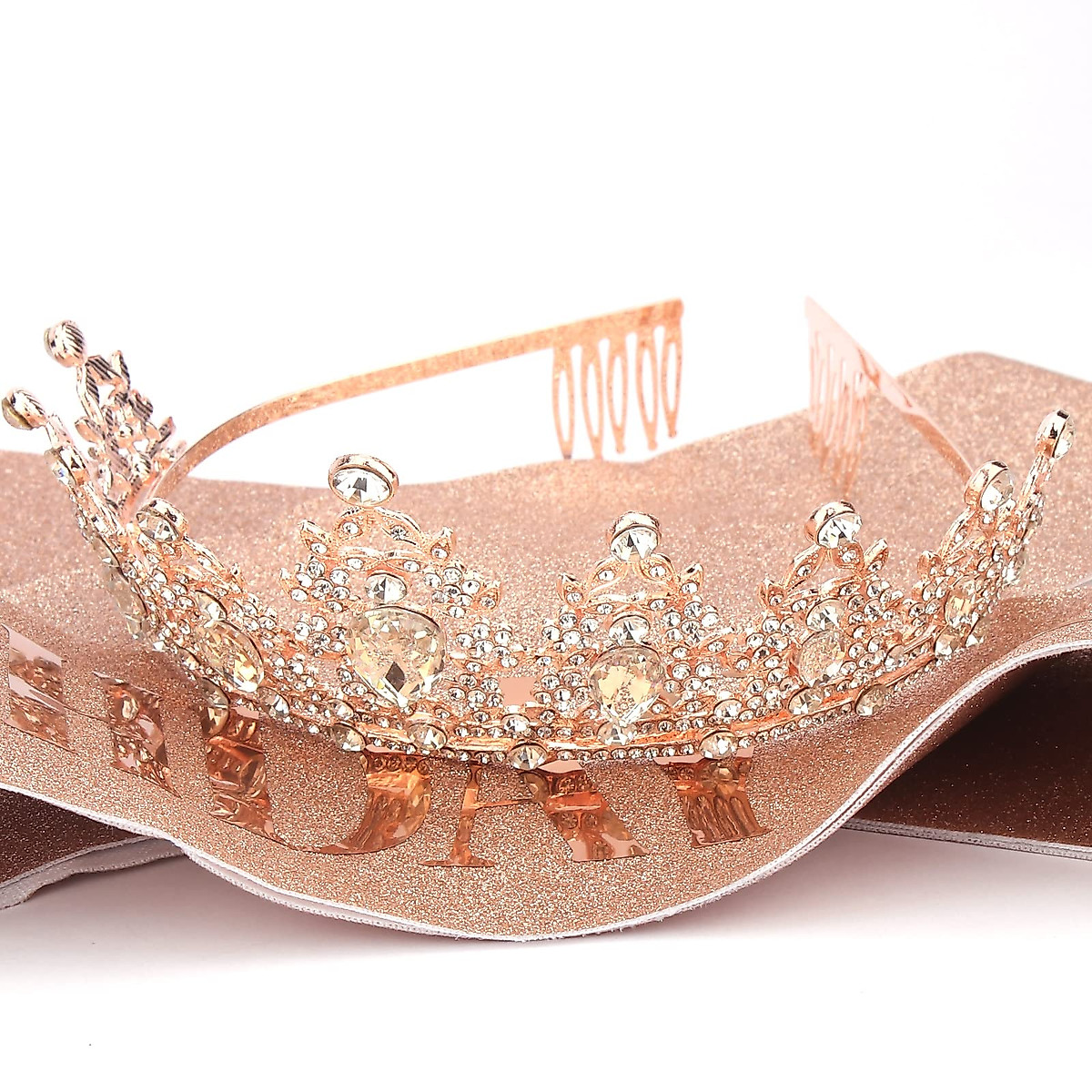 Birthday Queen Sash and Tiara for Women Crystal Tiara and Satin Kit for Girl Rhinestones Crown with Comb Glitter Hair Accessories for Prom Party Decoration Cake Topper Accessory Set with Pin (Rose Gold Tiara and Rose Gold Sash Set)