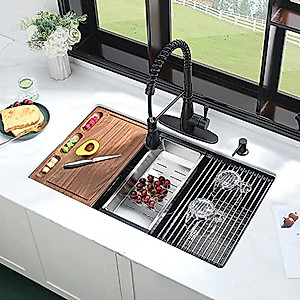 28 Black Undermount Kitchen Sink - iAnomla 28 Inch Black Stainless Steel Undermount Workstation Sink 16 Gauge Deep Single Bowl Matte Black Kitchen Sink with Cutting Board