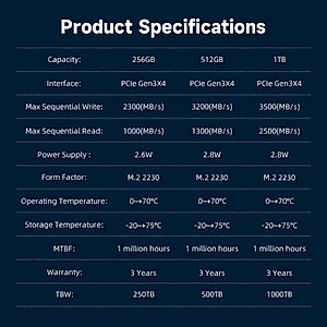 KingSpec 512GB 2230 SSD NVMe Gen3x4, M.2 PCIe 3.0 SSD with 3D NAND Flash, Internal Solid State Hard Drive for Steam Deck & Surface Pro (Read Speed up to 3500MB/s)