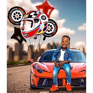 5 Pcs Helmet Tire Balloons Race Car Wheels Birthday Party Supplies Boys Bike Bicycle Motorcycle Truck Theme Party Decorations Favors Foil Mylar Black and Red