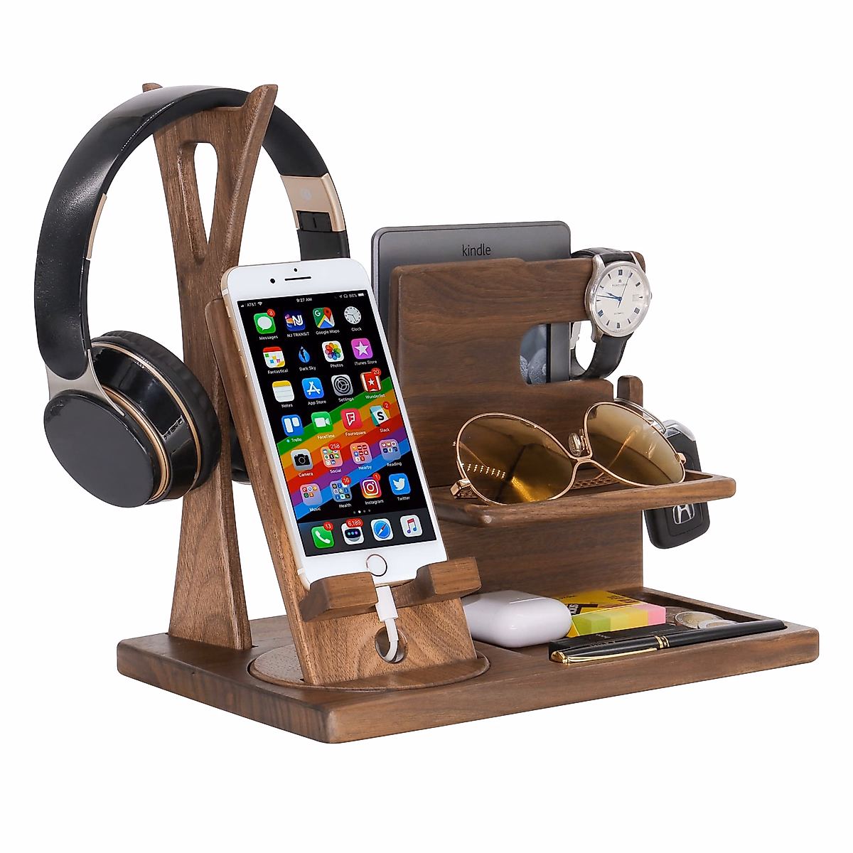 Gladsico Handmade Desk Organizer with Headphone Stand, Rotating Phone Stand, Accessories Organizer - Gift Ideas for Men, Women on Birthday, Anniversary, Fathers Day, Mother Day, Christmas