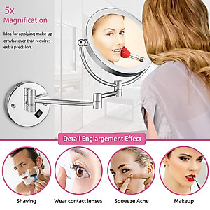 AMZNEVO Wall Mounted Lighted Makeup Mirror, 8 Inch Double-Sided 1X 5X Magnifying Mirror for Bathroom, 11'' Extendable Arm, 360° Swivel, Touch DimmableLED Lights, Powered by Plug in, Chrome