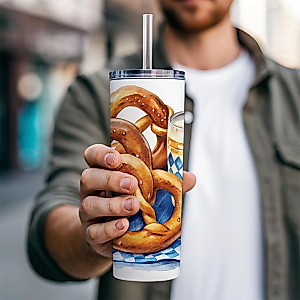 Oktoberfest German Pretzels Watercolor Skinny Tumbler 20oz with Straw Insulated Water Bottle Gift