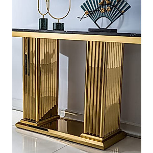 SSLine Real Marble Console Table,Modern Rectangular Luxury Marble Entryway Sofa Table Accent Table with 0.71" Thick Marble Top and Golden Double Pedestal Pillar Stainless Steel Base for Hallway