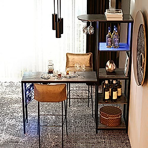 QNICE LED Lights Bar Table with Shelves/Modern Kitchen Counter Height Dining Table/Lounge or Dining Room Storage Pub Table/Dark Rustic Oak/Easy Assembly