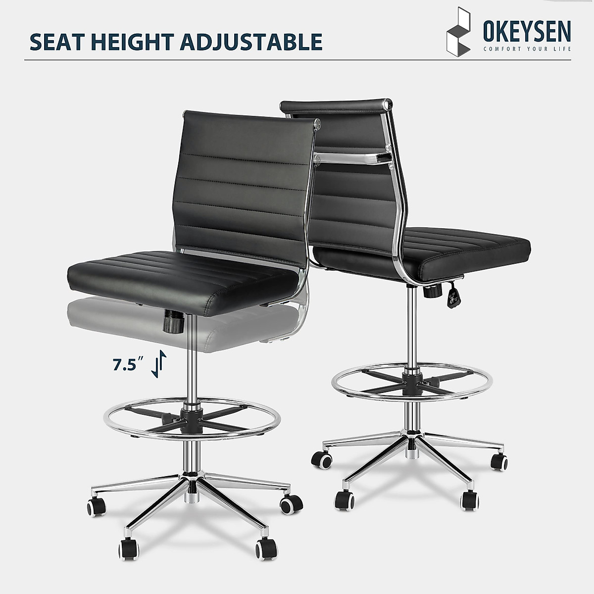 Okeysen Armless Drafting Chair, Tall Office Desk PU Leather Chair for Standing Desk, Drafting Stool with Mid Back, Rolling Stool with Footrest, Height Adjustable Swivel Task Chair for Home Office