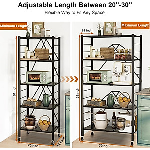 5 Tier Foldable Storage Shelves, Expandable Folding Shelving Units with Wheels, Changeable into 2 Shelf Units, Collapsible Adjustable Storage Rack Metal Shelves for Storage, Pantry, Garage, Kitchen