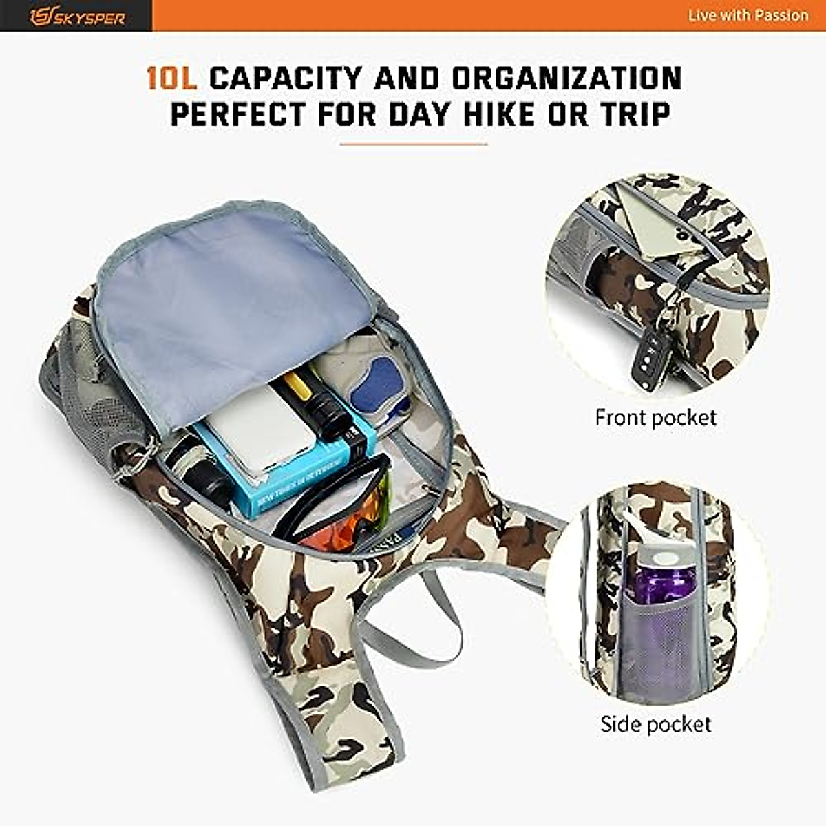 SKYSPER Small Daypack 10L Hiking Backpack Packable Lightweight Travel Day Pack for Women Men(Camouflage)