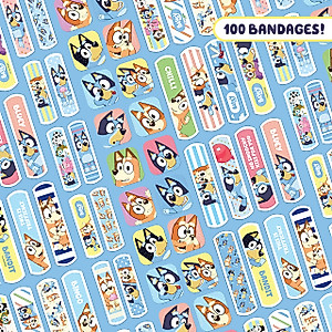Bluey Kids Bandages, 3 Assorted Sizes 100 CT | Wear Like Stickers, Flexible Adhesive Bandages for Minor Cuts, Scrapes, and Burns. Great Gift idea and Stocking Stuffer