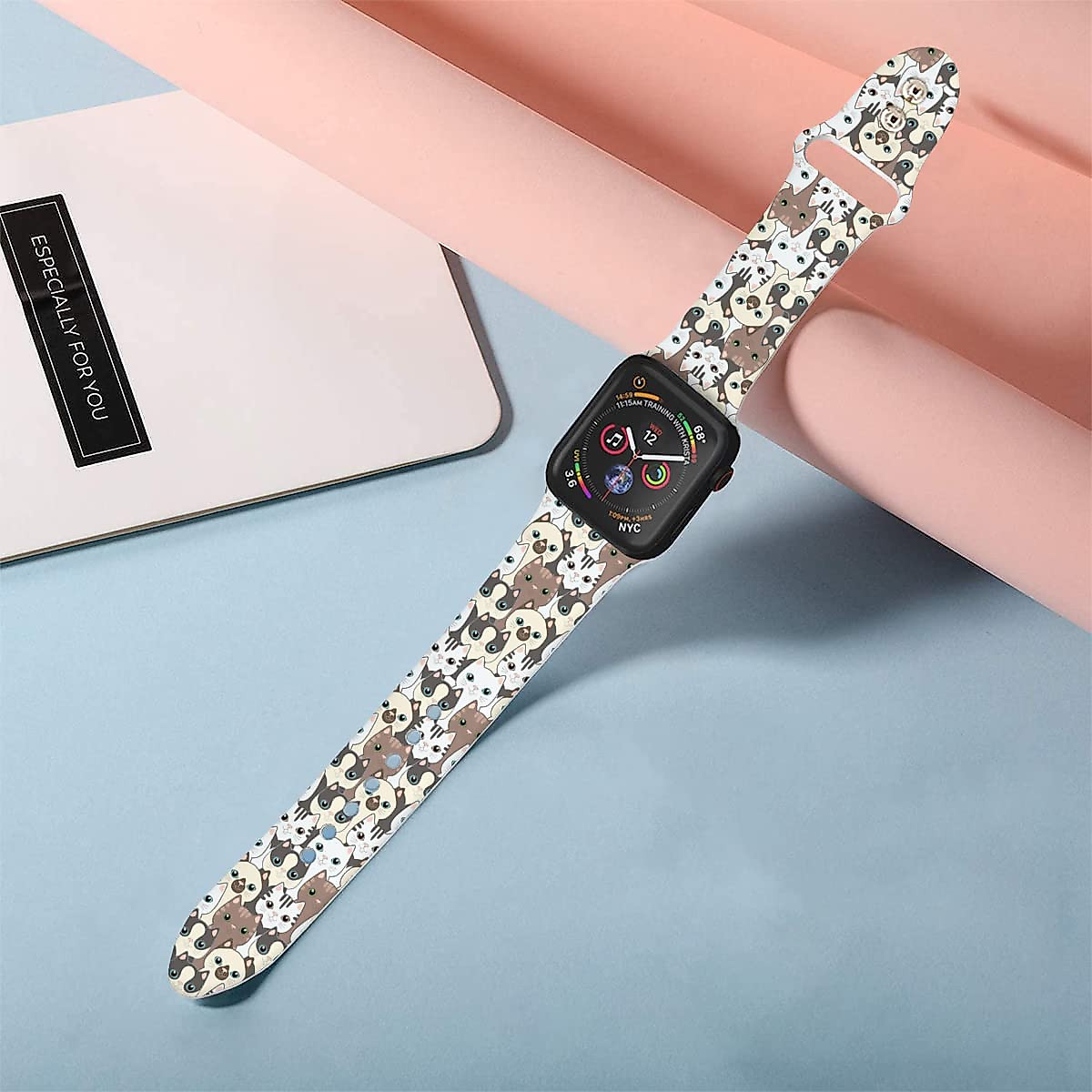 Cute Cat Watch Bands Compatible with Apple Watch 42mm/44mm/45mm For Women Men, Adjustable Smart Watch Band Soft Silicone Wristbands Replacment Strap For Watch Series 7 6 5 4 3 2 1