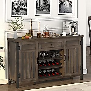 FATORRI Industrial Coffee Bar Cabinet with Wine Rack, Wood Buffet and Sideboard with Storage Cabinet, Rustic Credenza Cupboard for Kitchen Dining Room (55.12 Inch, Walnut Brown)