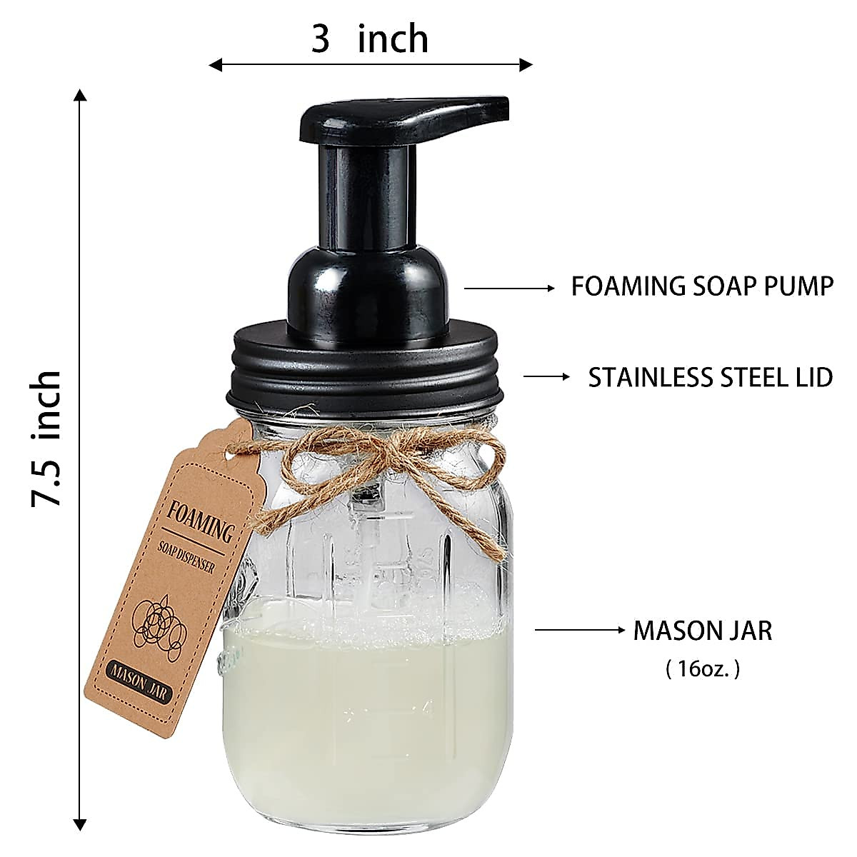 Amolliar Mason Jar Bathroom Accessories Set 4 Pack - Foaming Soap Dispenser&2 Qtip Holders&Toothbrush Holder-Rustic Farmhouse Decor Bathroom Organizer Apothecary Jar Country Countertop (Black)