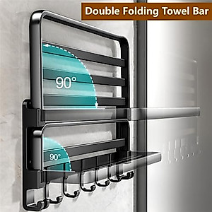 Noffeelink 24 Inch Towel Rack, Shower Towel Rack with Shelf, Towel Shelf for Bathroom, Bathroom Towel Rack with Hooks, Wall Mount Towel Rack No Drill and Screw Mounting (Black)