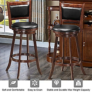 COSTWAY Bar Stools Set of 2, 360 Degree Swivel, Accent Wooden Swivel Seat Bar Height Stool, Leather Upholstered Design, PVC Cushioned Seat, Perfect for Dining and Living Room (Height 29")