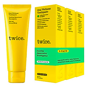 Twice Vegan Toothpaste for Sensitive Teeth and Gums and Teeth Whitening Toothpaste - SLS Free Toothpaste with Fluoride and Cavity Protection - (Cooling Spearmint Eucalyptus) (3-Pack)