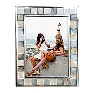 GIFTME 5 Silver Plate Picture Frame 5x7 Mother of Pearl 5 by 7 Photo Frame Mosaic Glass Tabletop Frame (Grey+ White,1pc)