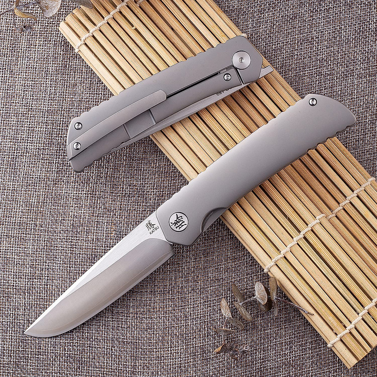 KATSU Folding Pocket Japanese Knife, Sandblasted Titanium Handle, ZDP-189 Super Steel Convex Grind Blade, Leather Sheath