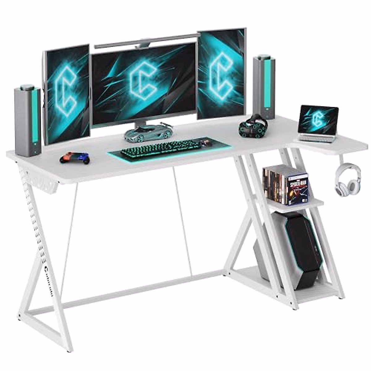 CubiCubi Aurora Gaming Desk with Carbon Fiber Surface, 55 Inch L Shaped Desk with Storage Shelves, Small Corner Computer Desk with Monitor Shelf, Gamer Desk PC Table, White