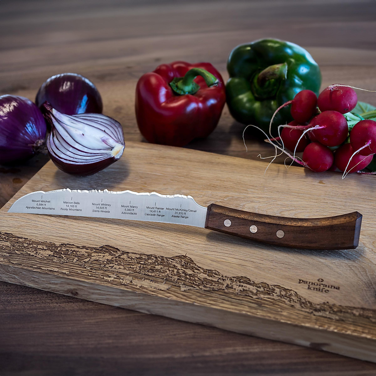 PanoramaKnife Kitchen Knife – Swiss Made – Peaks of USA – Mountain Ranges Resembled in Blade - Surgical Stainless Steel + Walnut Wood –– 10in – Best Cooking Knife – Great Gift for Outdoor Enthusiasts