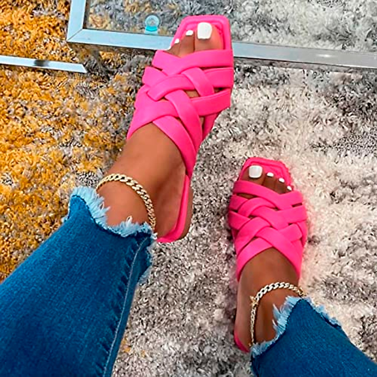 Comfortable Sandals for Women Skinny Patchwork Fashion Summer Demin Tassels Shorts Summer Casual Sandals (Hot Pink, 8)