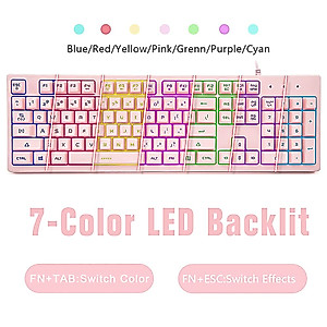 VINMEN Pink Gaming Keyboard with 7 Color LED Backlit Wired USB 104 Keys Keyboard Waterproof Fresh Style Computer Game Keyboard for PC Mac Laptop