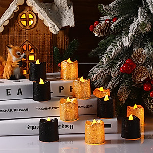 24 Packs Flameless Glitter Candles LED Votive Tealights Battery Operated Tea Lights Warm Yellow Light Holder for Anniversary Wedding New Year Christmas Centerpiece Table Outdoor Decor (Gold, Black)
