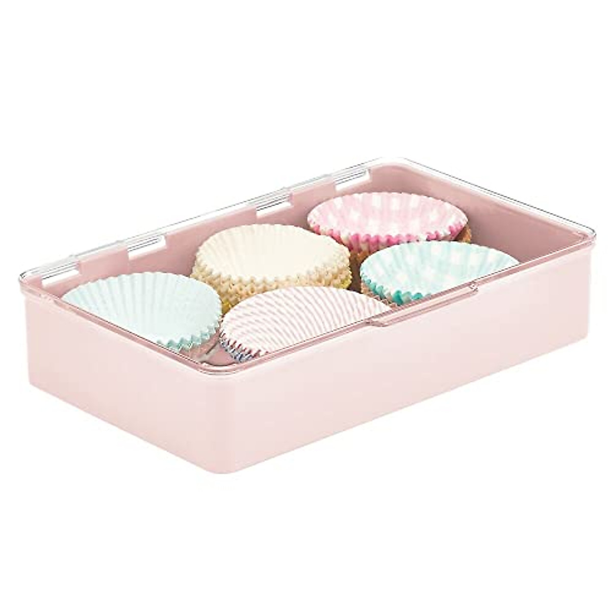 mDesign Plastic Storage Stackable Durable Container Bin Organizer Box with Lid - for Organizing Kitchen, Pantry, Bathroom, Bedroom - Holds Food, Snacks, Makeup - Light Pink/Blush/Clear