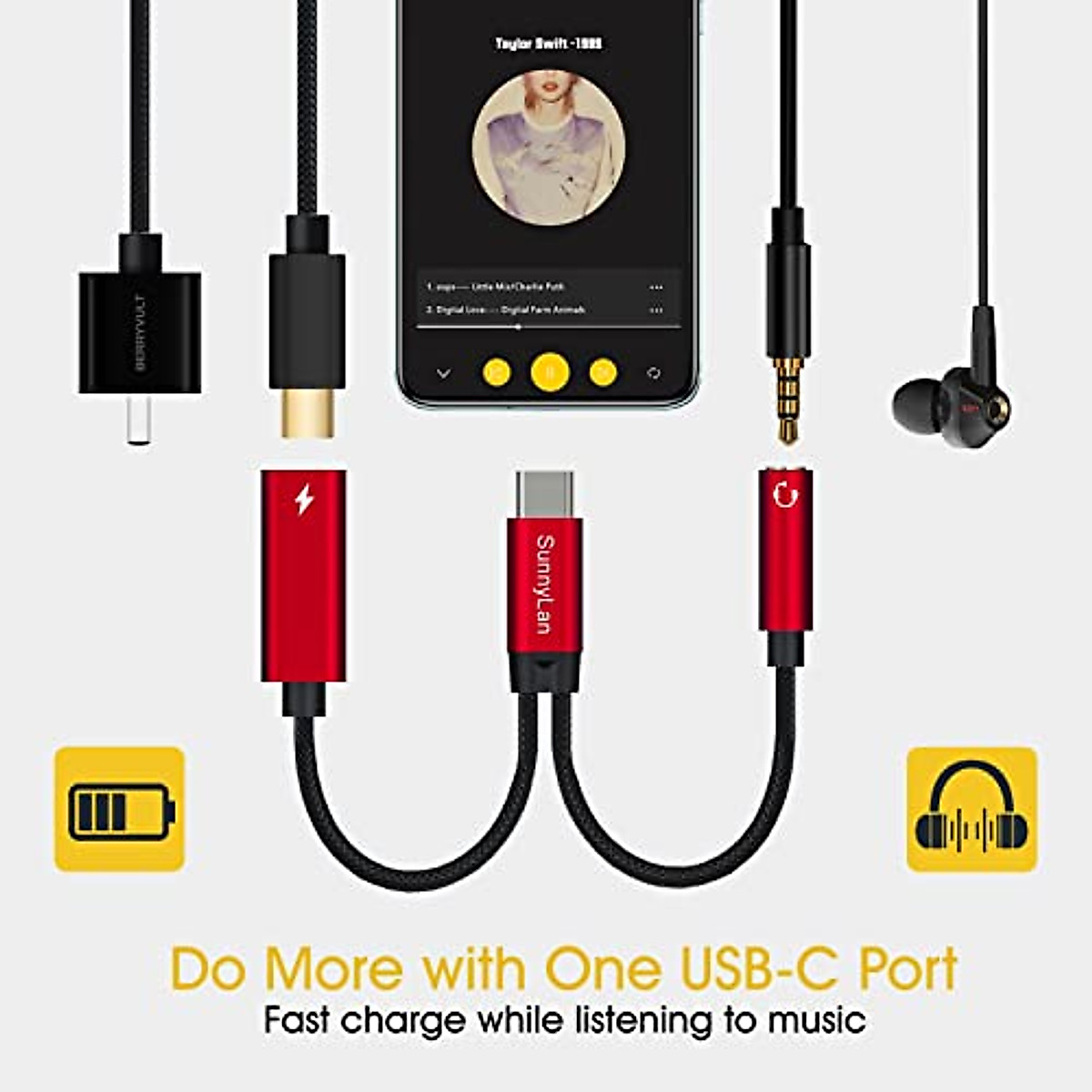 USB C to 3.5mm Headphone and Charger Adapter, 2-in-1 USB C to AUX Mic Jack with USB C PD 60W Fast Charging for Stereo, Earphones, Compatible with Galaxy S22/S21, Pixel 2/3/4 XL(Red)