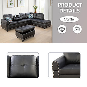 Ocstta Leather Sectional Sofa Sets,Living Room Furniture Sets and Leather Couch Set,L Shaped Couches with Sofa Back Panel Cup Holders and Storage Footstool(Sectional Couch Set+Ottoman) Black
