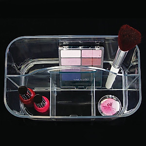 mDesign Plastic Makeup Storage Organizer Caddy Tote, Divided Basket Bin, Handle for Bathroom, Hold Eyeshadow Palettes, Nail Polish, Brushes, Shower Essentials, Small, Lumiere Collection, 2 Pack, Clear