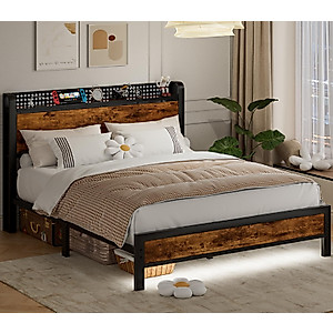Furnulem Bed Frame Queen Size with Light,Industrial Storage Headboard with Power Outlet and USB Port,Wood Platform Queen Bed with Strong Metal Support,No Box Spring Needed,Silent