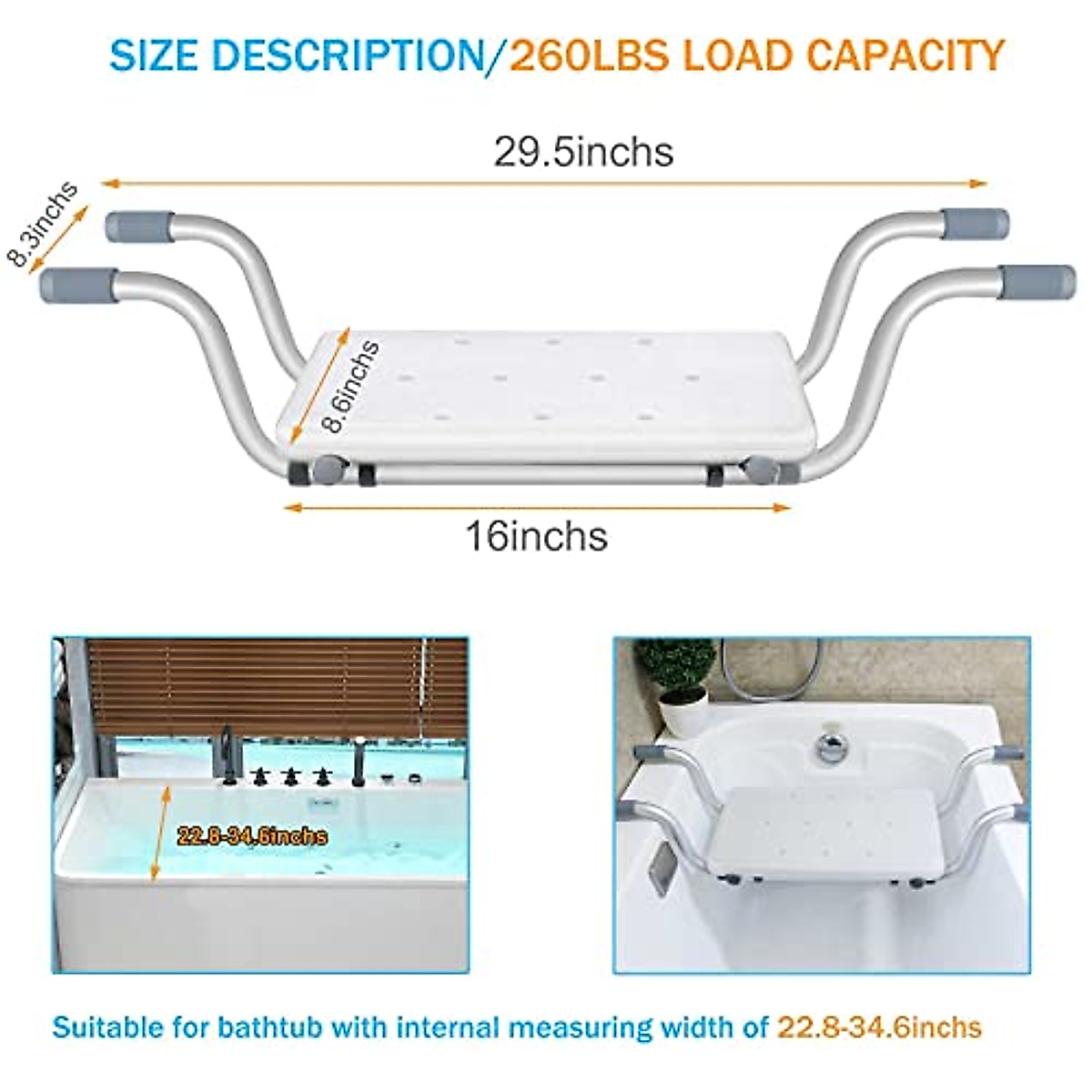 Bath Bench Seat Suspended,Heavy Duty Aluminum Alloy Bathtub Bathing Seat for Elderly, Disabled or Injured,Fits tub Having Width in The Range of 22.8"-34.6", 260 LBS Load