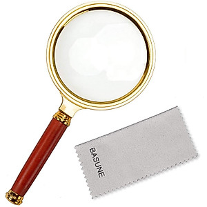 BASUNE 10X Handheld Magnifier, Reading Magnifier Loupe Glasses 10X with Rosewood Handle for Book and Newspaper Reading, Insect and Hobby Observation, Classroom Science (Clear, Plastic Frame)