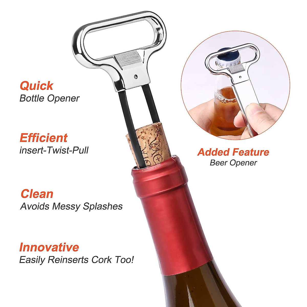 Personalized Wine Opener for Vintage Bottles,Sinseike Two-Prong Cork Puller,Father's Day Gifts (silver)