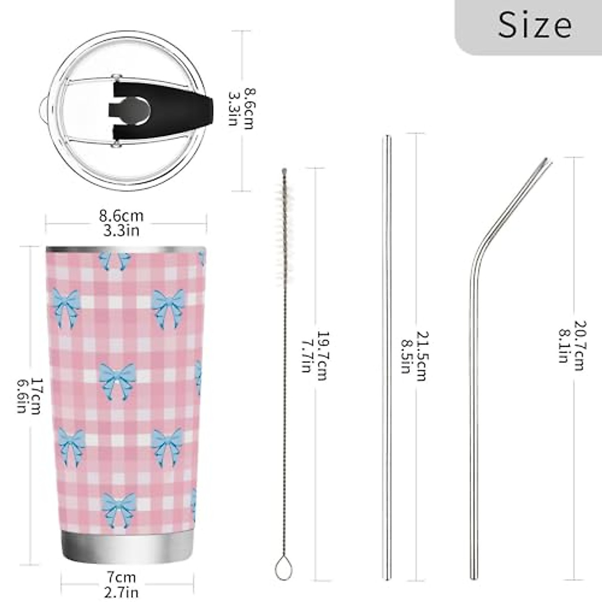 Pink Plaid Bow Stainless Steel coffee cups with lids with Straw Lid Camping Mug for camping simply flip straw tumbler 20 OZ