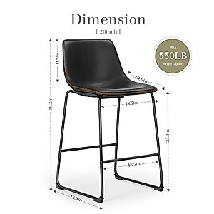 DUMOS 26 Inch Counter Height Bar Stools Set of 2, Modern Faux Leather High Barstools with Back and Metal Leg, Bar Chairs for Kitchen lsland, Black