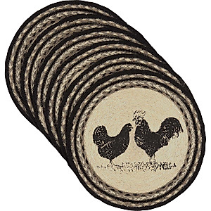 VHC Brands Farmhouse Tabletop Kitchen Miller Farm Charcoal Poultry Jute Stenciled Nature Print Round Tablemat Set of 6, One Size, Bleached White
