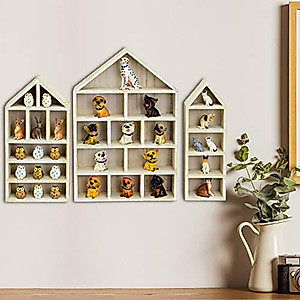 Ikee Design House-Shaped Wooden Shadow Cubby Box Display Shelf Organizer Storage Shadow Box for Mini Figures, Set of 3, Wash White Color, 10" W x 2 1/4" D x 15" H